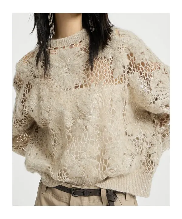 Brunello Cucinelli Whispering Bloom Embroidery Sweater - Sand