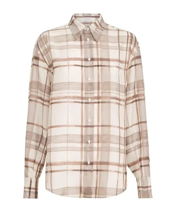 Brunello Cucinelli Silk Pongée Shirt In Macrocheck Print