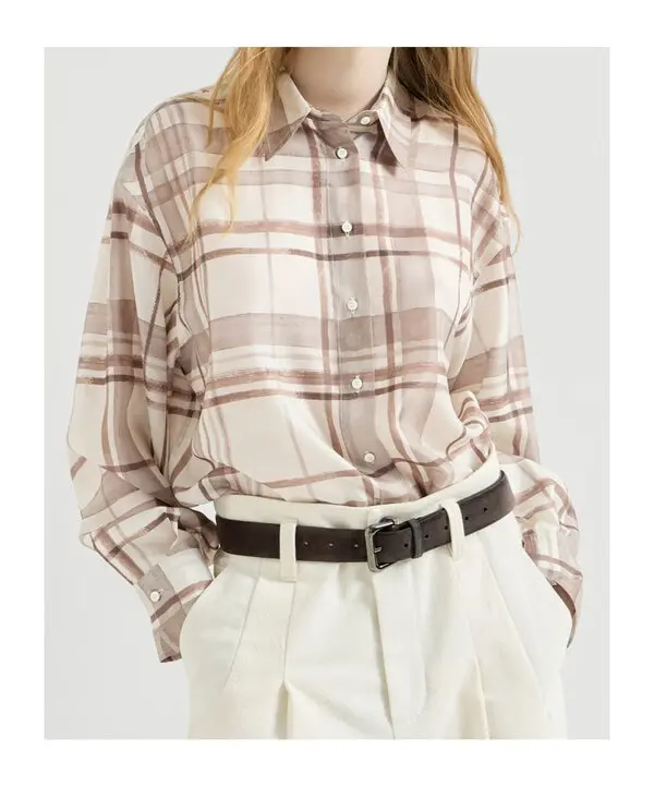 Brunello Cucinelli Silk Pongée Shirt In Macrocheck Print