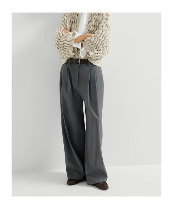 Brunello Cucinelli Tropical Luxury Wool Tailored Trousers With Monili