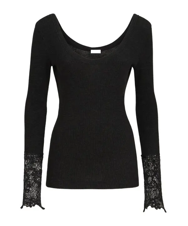 Brunello Cucinelli Ribbed Wool Jersey Sweater With Dazzling Lace Embroidery Cuffs - Anthracite