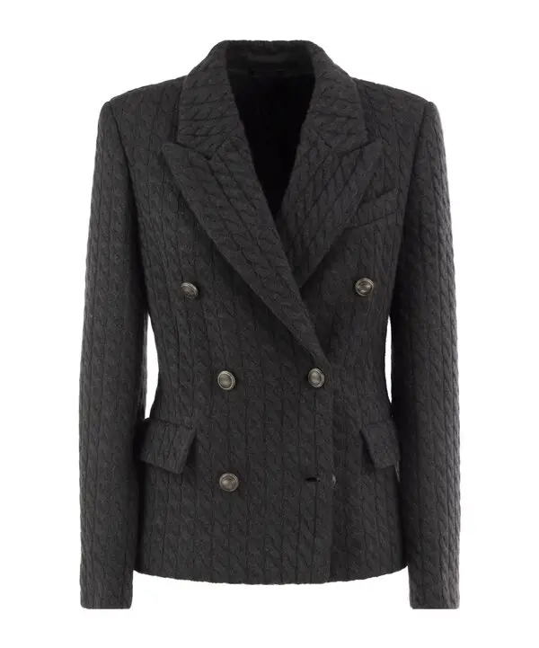 Brunello Cucinelli Double-breasted Cashmere Cable-knit Blazer - Black