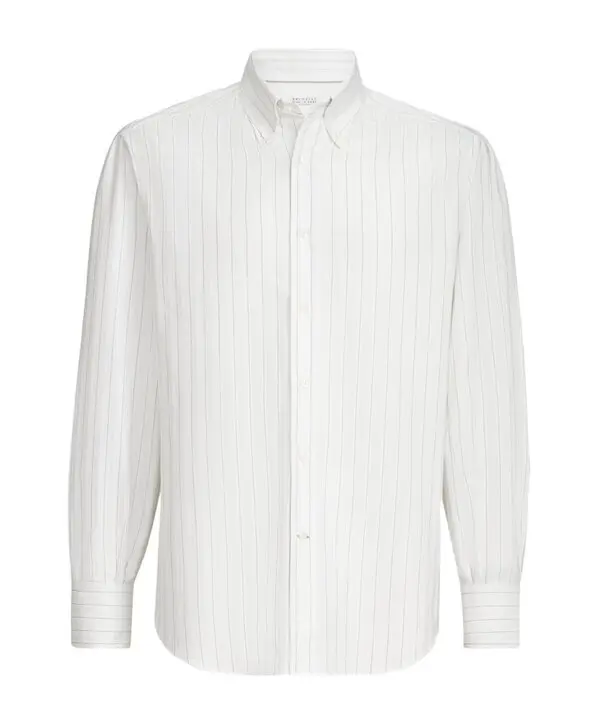 Brunello Cucinelli Cotton Textured Striped Chevron Shirt With Button-down Collar