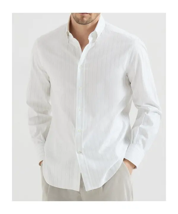 Brunello Cucinelli Cotton Textured Striped Chevron Shirt With Button-down Collar