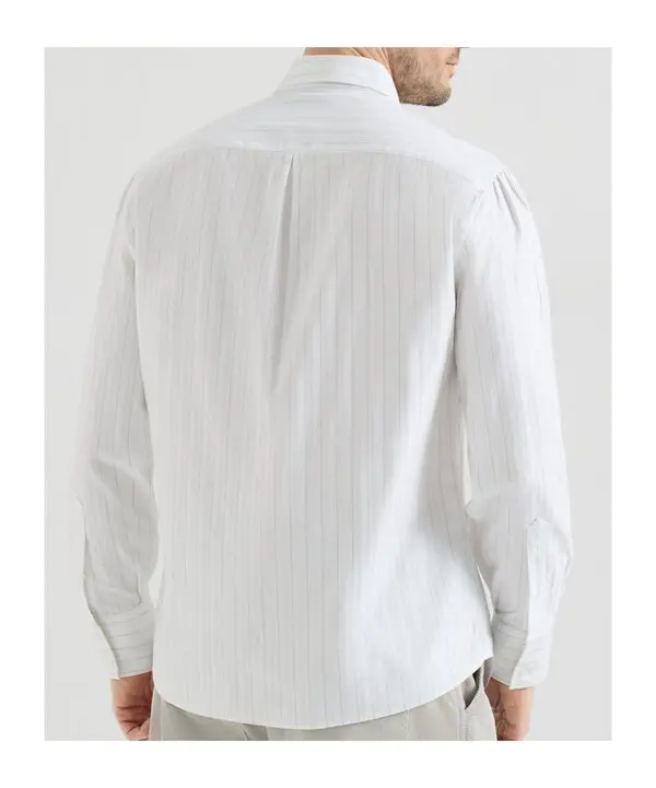 Brunello Cucinelli Cotton Textured Striped Chevron Shirt With Button-down Collar
