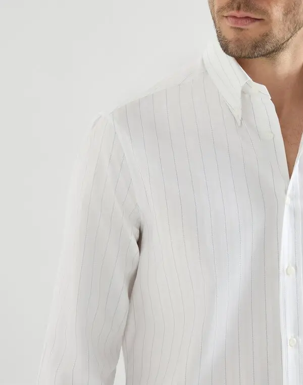 Brunello Cucinelli Cotton Textured Striped Chevron Shirt With Button-down Collar