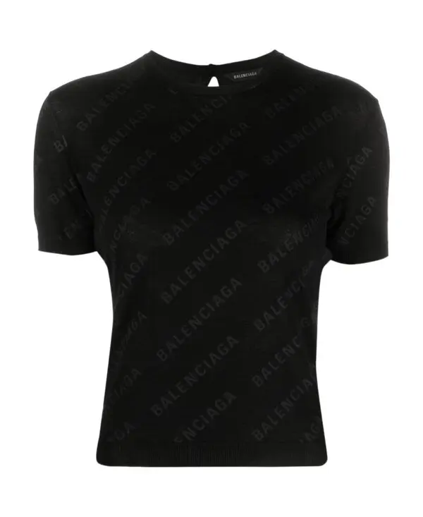 Balenciaga Mini Allover Logo Short Sleeve Crop Sweater - Black