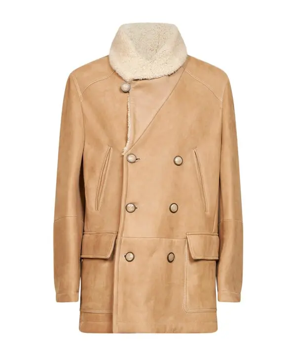Brunello Cucinelli Shearling Collar Double-breasted Coat - Nude