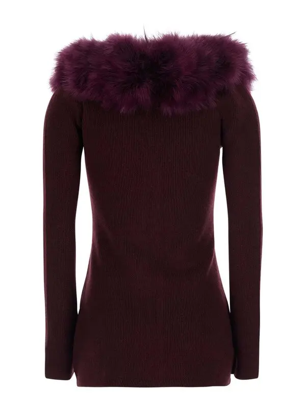Blumarine Faux Fur Trim Ribbed Cardigan - Bordeaux Red
