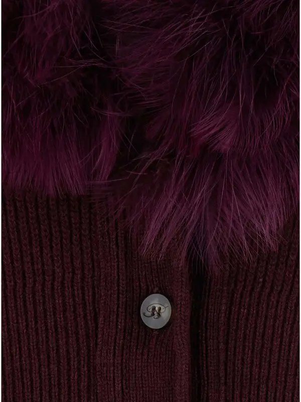 Blumarine Faux Fur Trim Ribbed Cardigan - Bordeaux Red