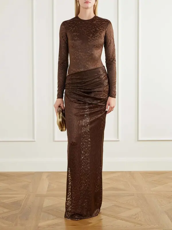 Alex Perry Draped Leopard-print Mesh Maxi Skirt