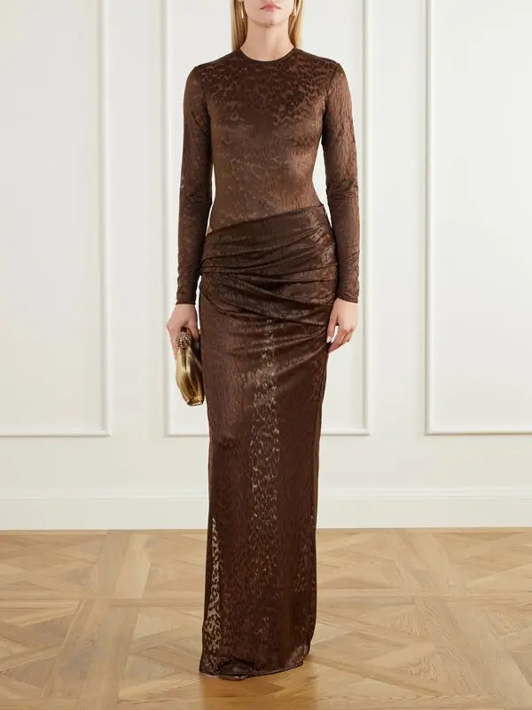 Alex Perry Draped Leopard-print Mesh Maxi Skirt