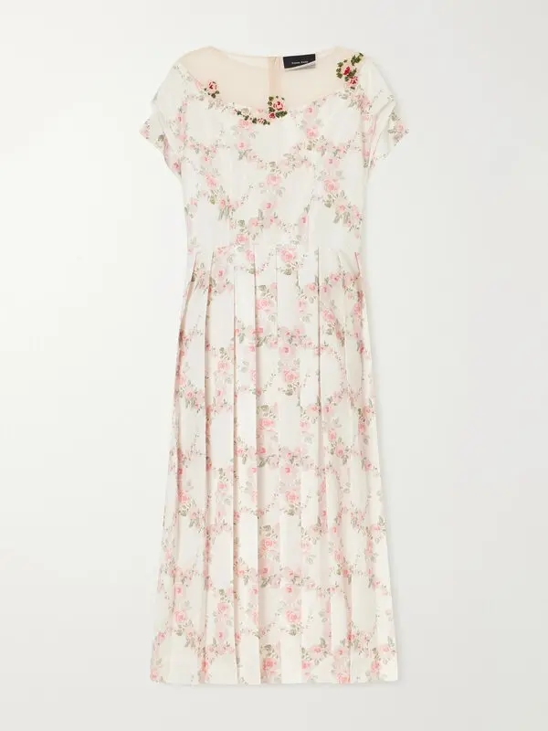 Simone Rocha Bead-embellished Pleated Floral-printed Taffeta Midi Dress