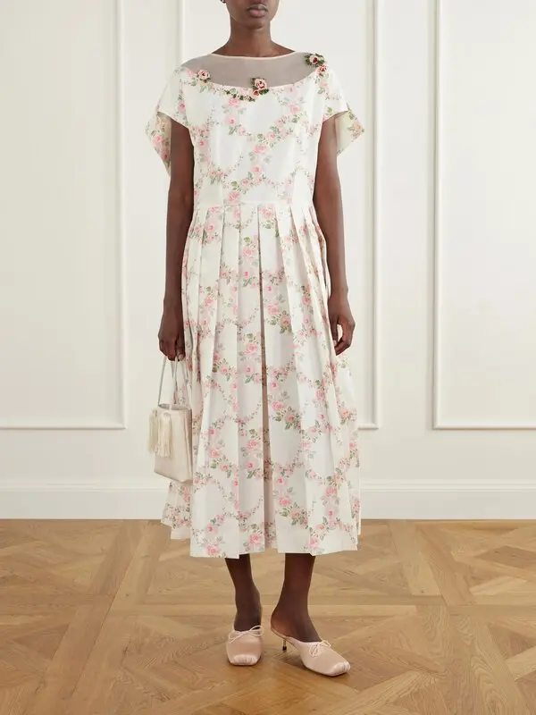 Simone Rocha Bead-embellished Pleated Floral-printed Taffeta Midi Dress