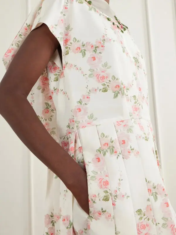 Simone Rocha Bead-embellished Pleated Floral-printed Taffeta Midi Dress