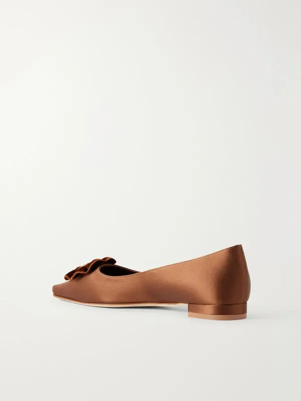 Manolo Blahnik Fortanflat 10 Floral-appliquéd Velvet-trimmed Satin Flats