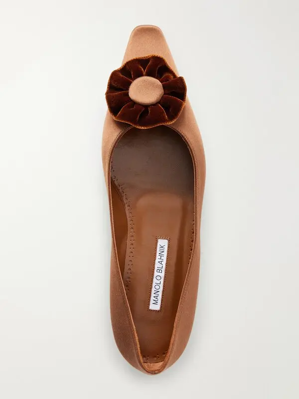 Manolo Blahnik Fortanflat 10 Floral-appliquéd Velvet-trimmed Satin Flats