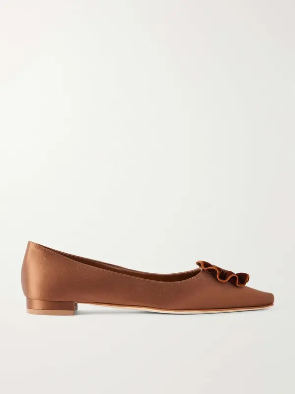 Manolo Blahnik Fortanflat 10 Floral-appliquéd Velvet-trimmed Satin Flats - Tan