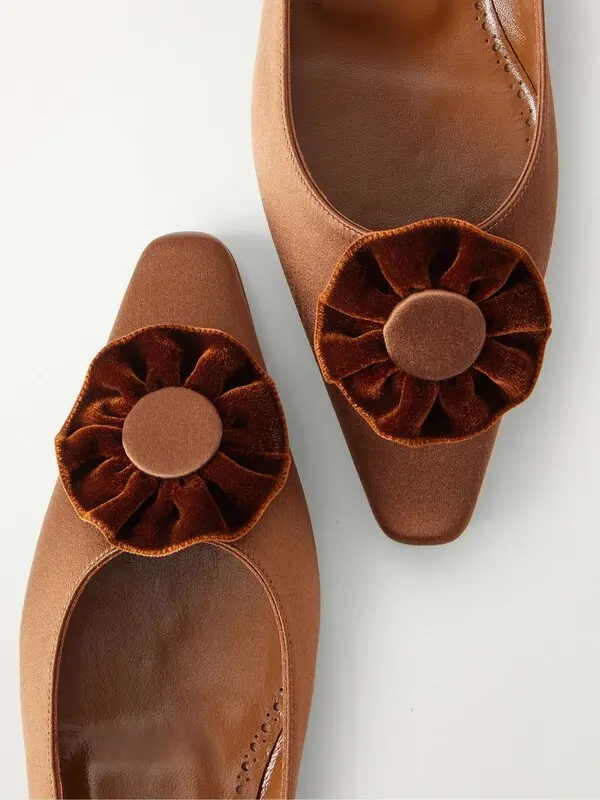 Manolo Blahnik Fortanflat 10 Floral-appliquéd Velvet-trimmed Satin Flats - Tan