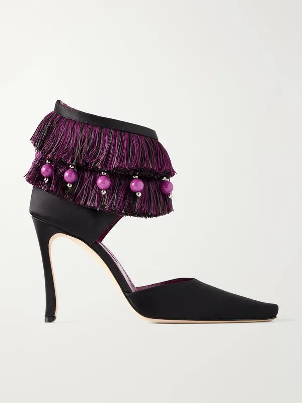 Manolo Blahnik Sorolla 105 Fringed Bead-embellished Satin Pumps - Black
