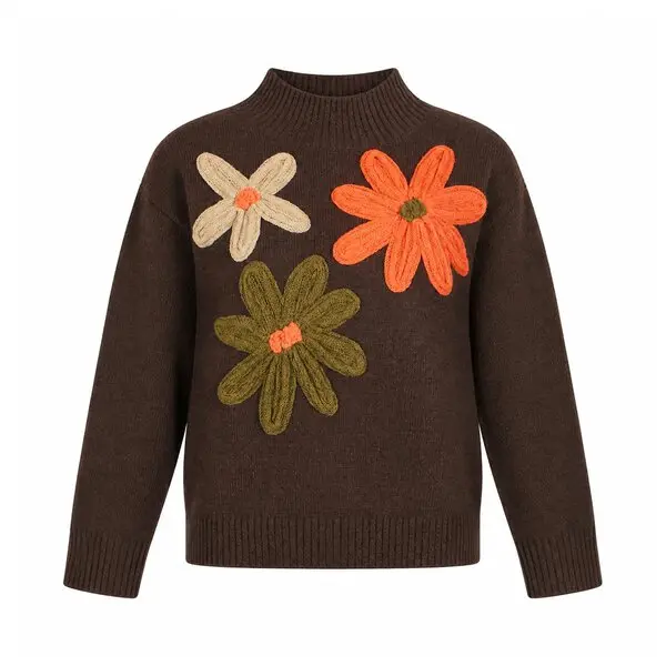 YUMI Knitted High Neck Jumper With Applique Flowers