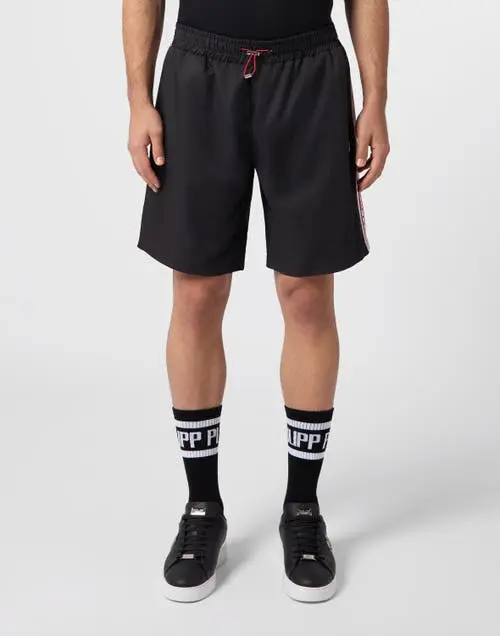 Philipp Plein Nylon Shorts Logo Stripe - Black