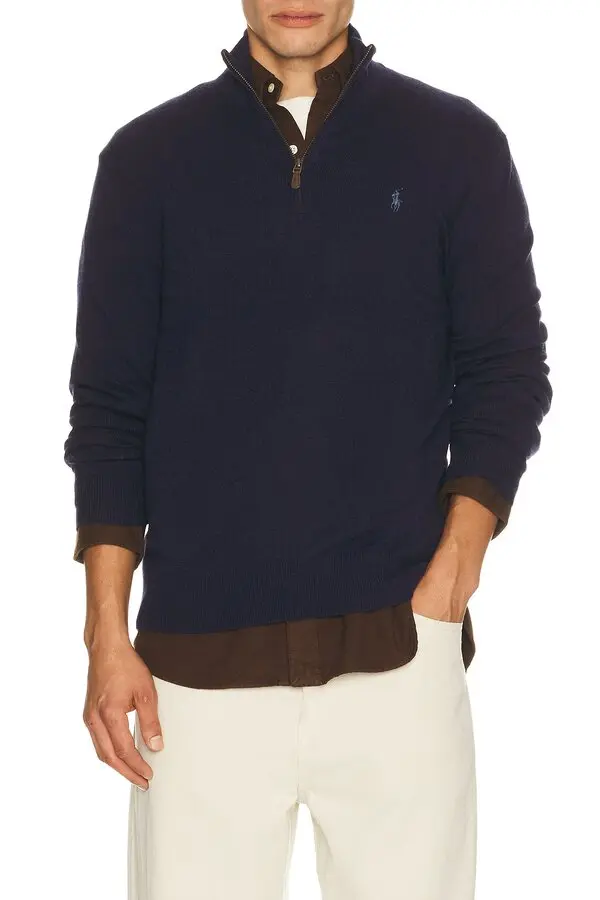 Polo Ralph Lauren Long Sleeve Lux Merino Wool 1/2 Zip Pullover Sweater In Blue - Hunter Navy