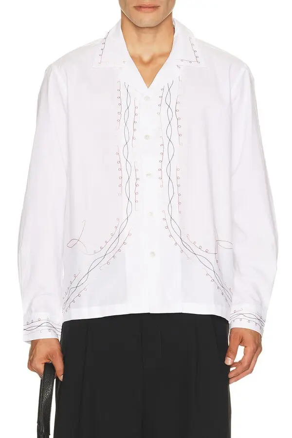 BODE Looped Chainstitch Long Sleeve Shirt In Black - White Multi
