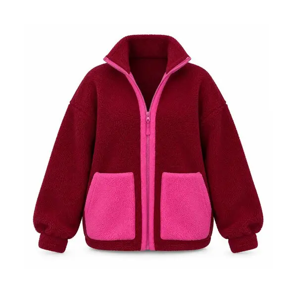 GIRL IN MIND Mimi Contrast Pocket Full Zip Fleece Wine