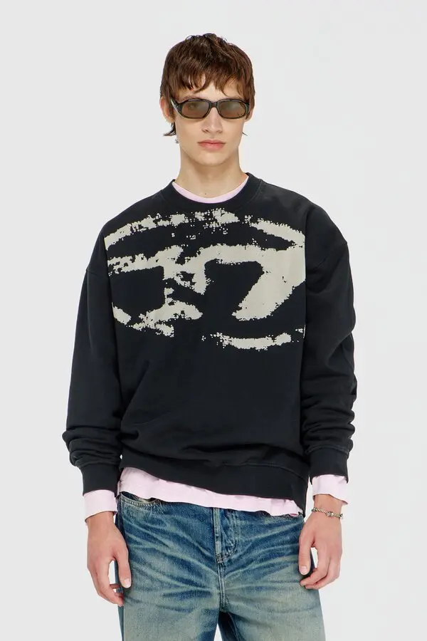 DIESEL® Cotton Sweatshirt With Flocked Oval D - Black