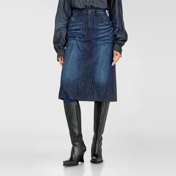 DIESEL® Midi Skirt In Creased Denim - Blue