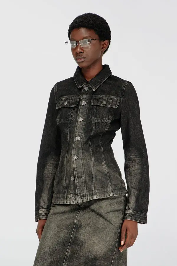 DIESEL® Fitted Trucker Jacket In Dirty-effect Denim - Black