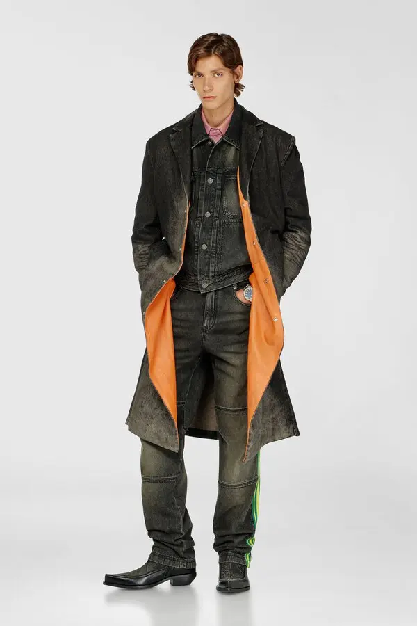 DIESEL® Long Coat In Dirty-effect Denim