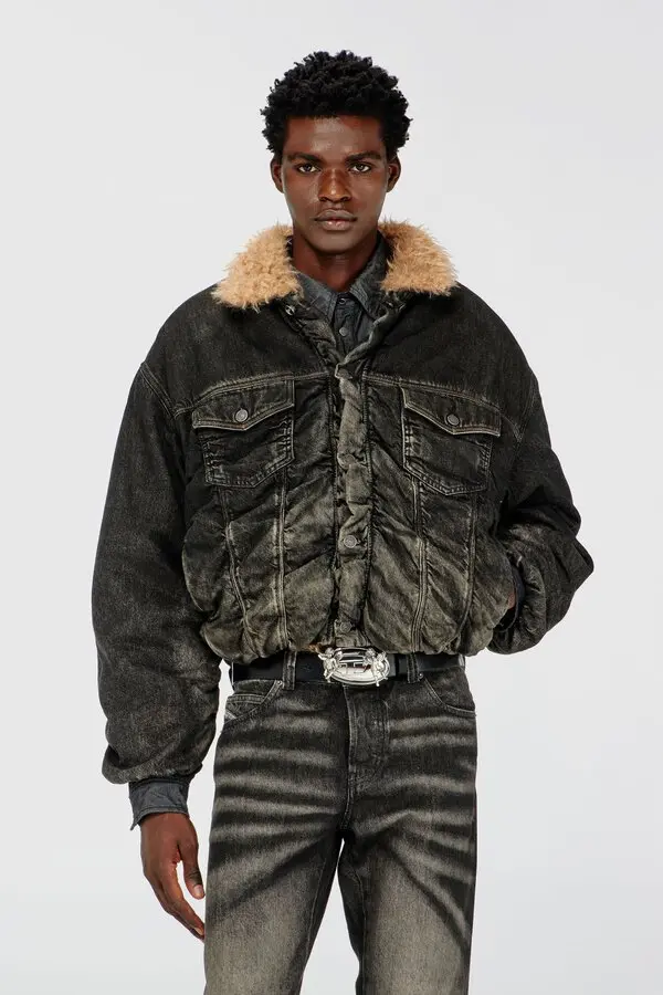 DIESEL® Teddy-lined Trucker Jacket In Dirty-effect Denim