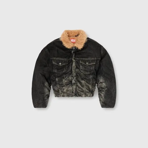 DIESEL® Teddy-lined Trucker Jacket In Dirty-effect Denim - Black