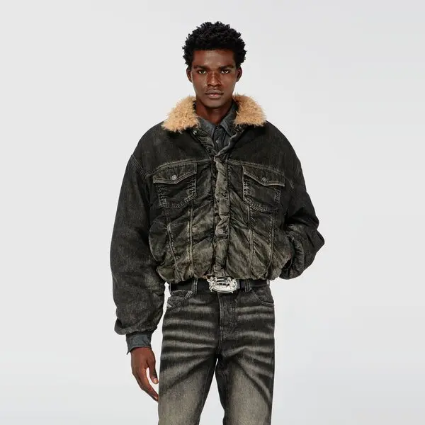 DIESEL® Teddy-lined Trucker Jacket In Dirty-effect Denim - Black