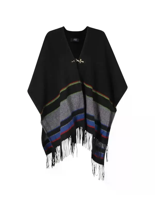 FAY Striped Fringed Cape - Black