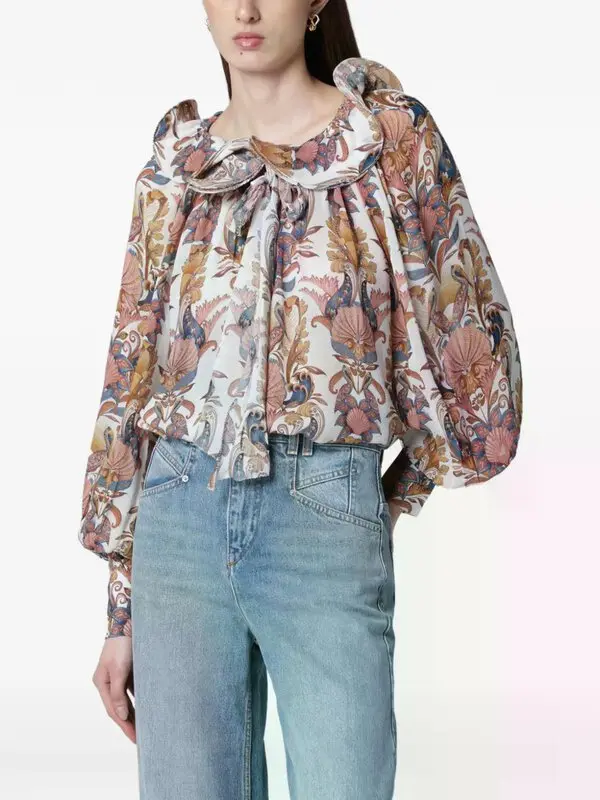 Farm Rio Ruffled-collar Floral-print Blouse - Neutrals