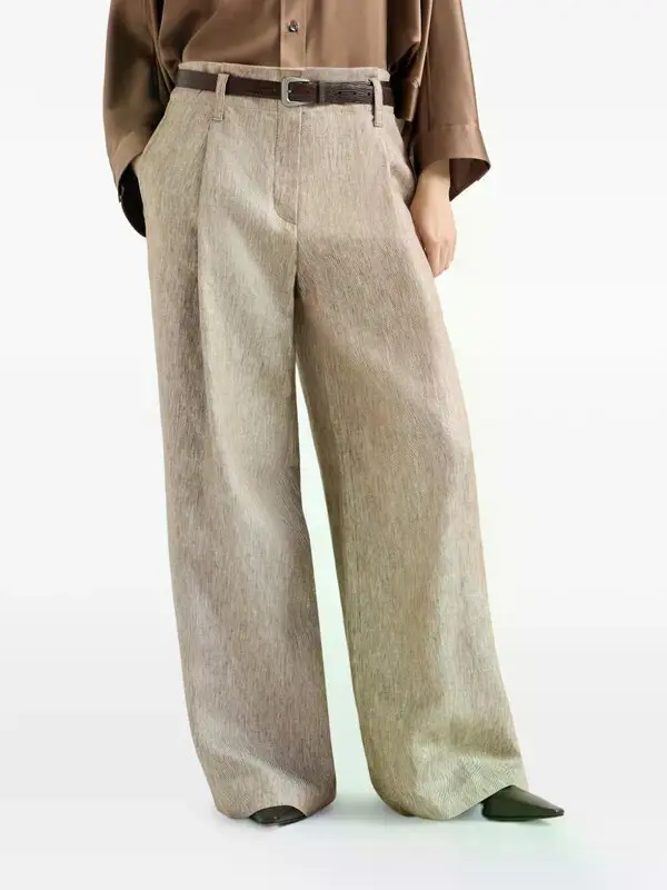 Brunello Cucinelli Linen-denim Pleated A-line Trousers With Monili