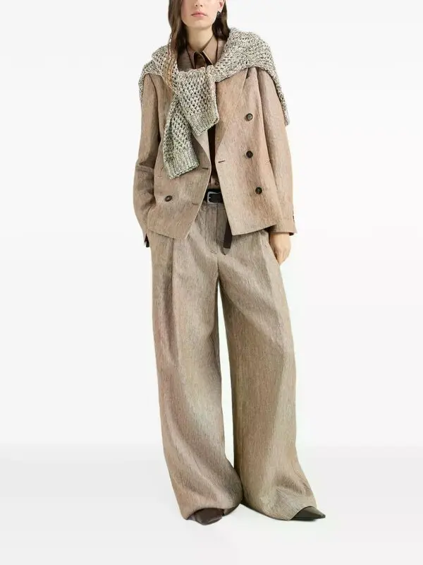 Brunello Cucinelli Linen Denim Pleated A-line Trousers With Monili - Neutrals