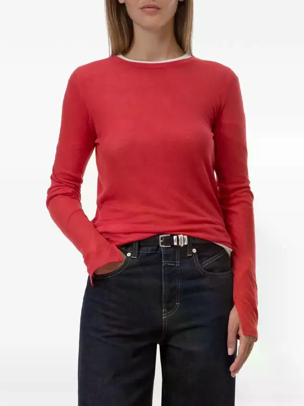 Closed Long-sleeve Slit-cuff T-shirt - Red