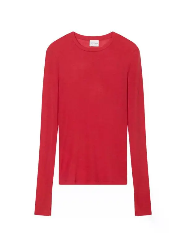 Closed Long-sleeve Slit-cuff T-shirt - Red
