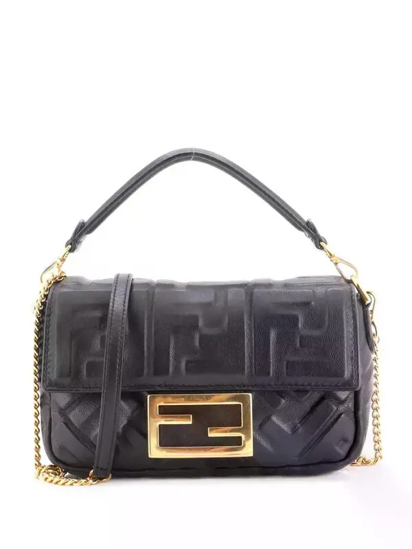 Fendi Baguette Nm Bag Zucca Embossed Leather Mini Crossbody Bag - Black