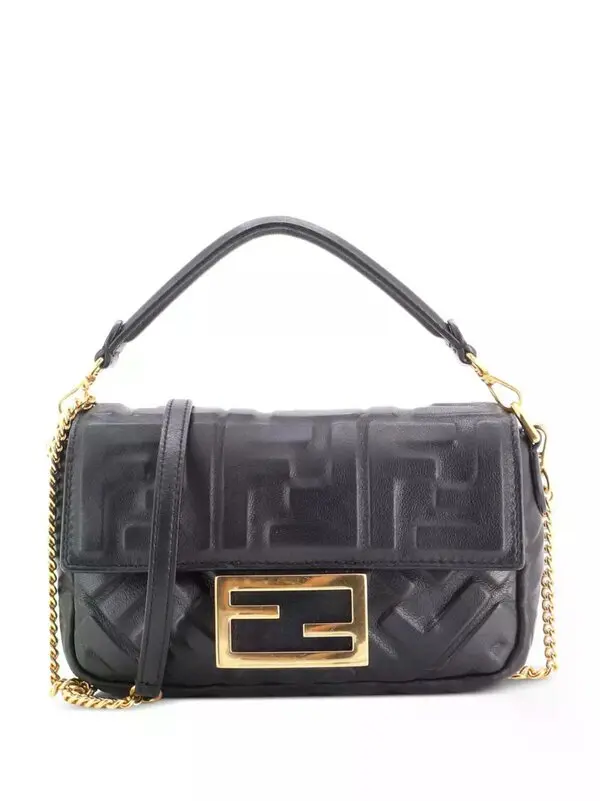 Fendi Baguette Nm Bag Zucca Embossed Leather Mini Crossbody Bag - Black