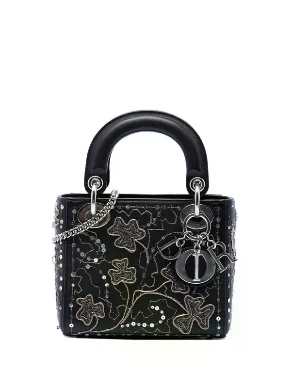 Dior 2018 Mini Calfskin Embroidered Clovers Lady Satchel - Black