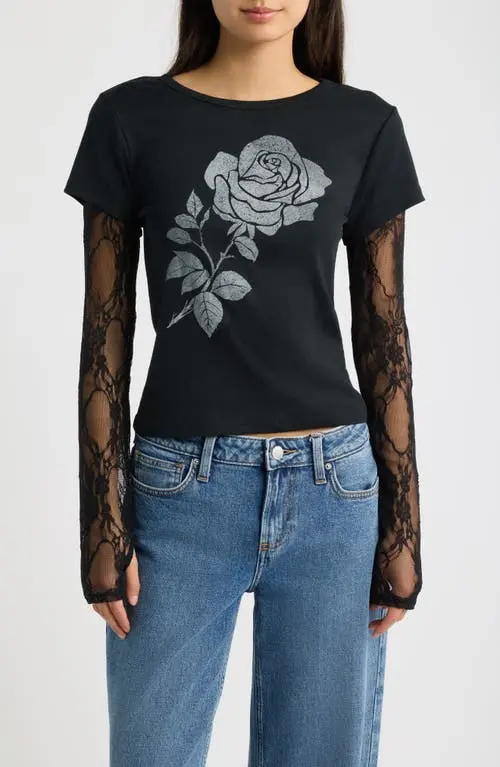 VINYL ICONS Rose Lace Layered Graphic Tee - Black