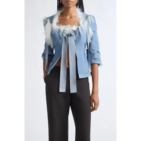 Sandy Liang Josie Genuine Shearling Trim Taffeta Top