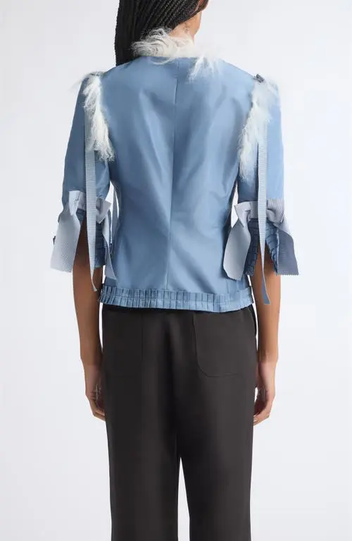 Sandy Liang Josie Genuine Shearling Trim Taffeta Top