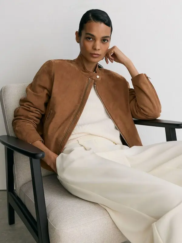 REISS Erin Petite Suede Stand-collar Jacket - Cognac Brown