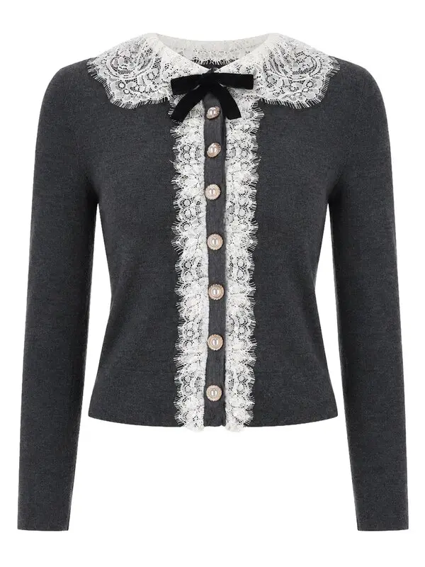 SELF-PORTRAIT Cardigan In Lana Con Colletto In Pizzo - Grey